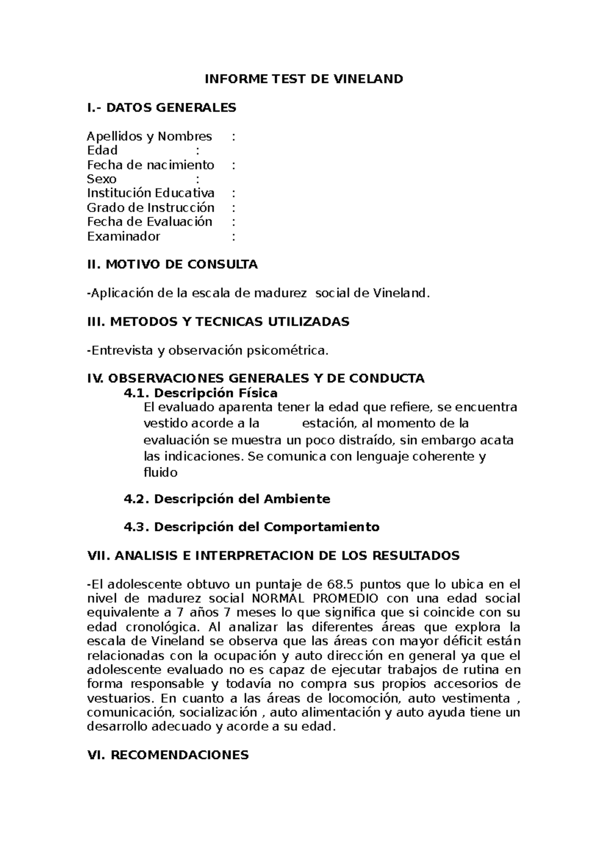 Informe Test Vineland (abreviado) - INFORME TEST DE VINELAND I.- DATOS ...