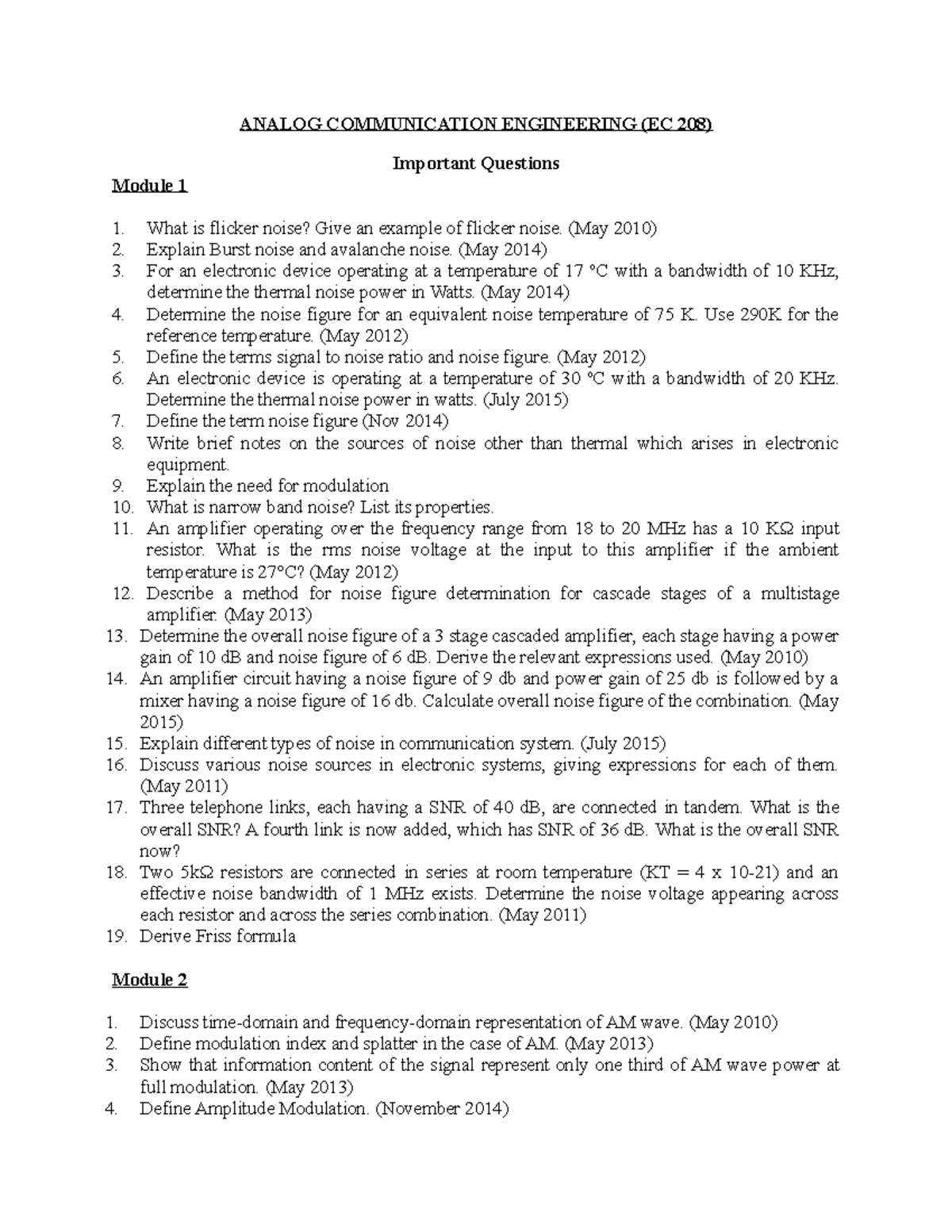 Question Bank KTU - ANALOG COMMUNICATION ENGINEERING (EC 208) Important Questions Module 1 What ...