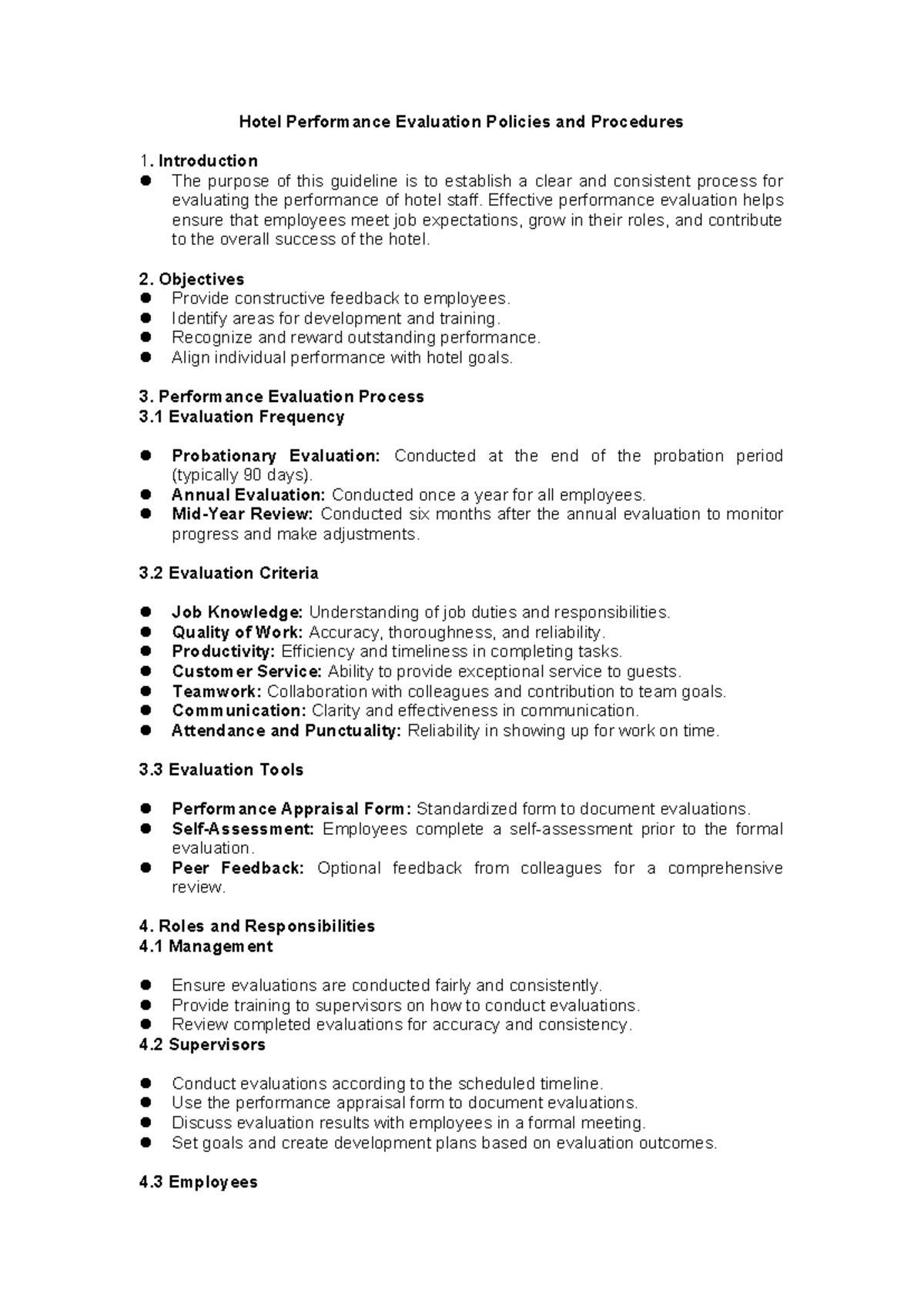 Hotel Performance Evaluation Policies and Procedur HR - Hotel ...