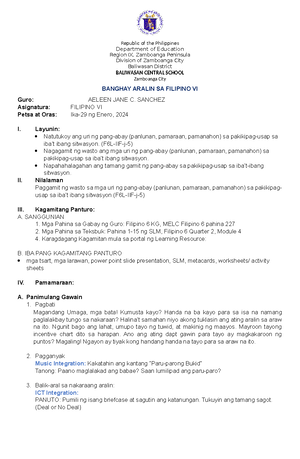 FILIPINO 6 CLASSROOM OBSERVATION LESSON PLAN - Republic of the ...