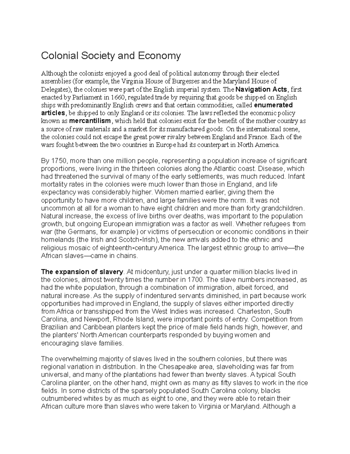 American History - typed in class - Colonial Society and Economy ...