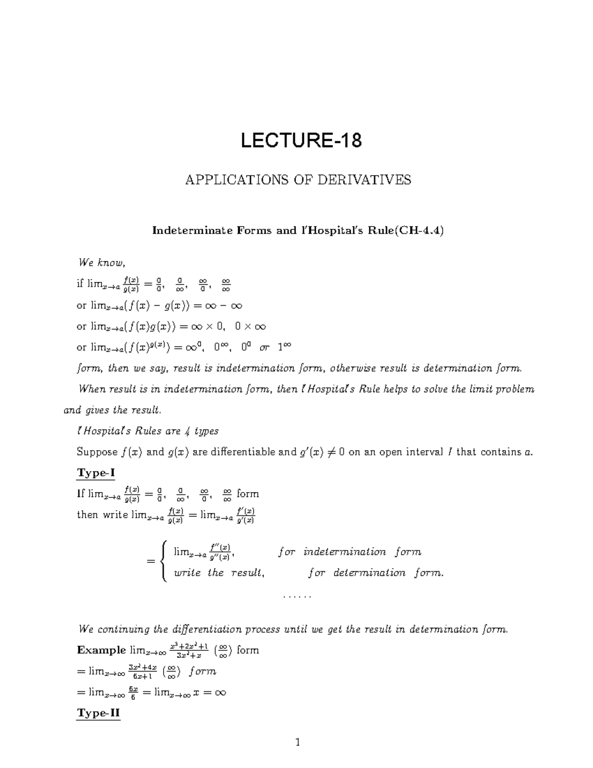 Lecture 18-notes - APPLICATIONS OF DERIVATIVES Indeterminate Forms and ...