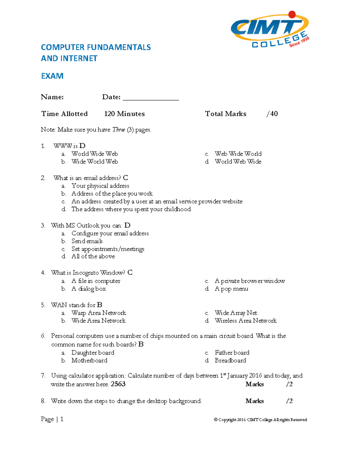 Computer Fundamentals and Internet Exam Fillable - Page | 1 © Copyright ...