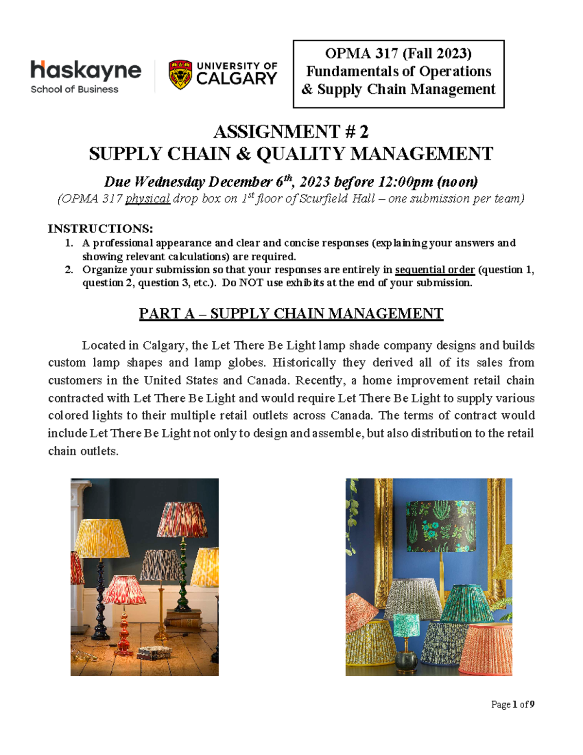 OPMA 317 F23 A2 (SCM and Quality) - ASSIGNMENT # 2 SUPPLY CHAIN ...