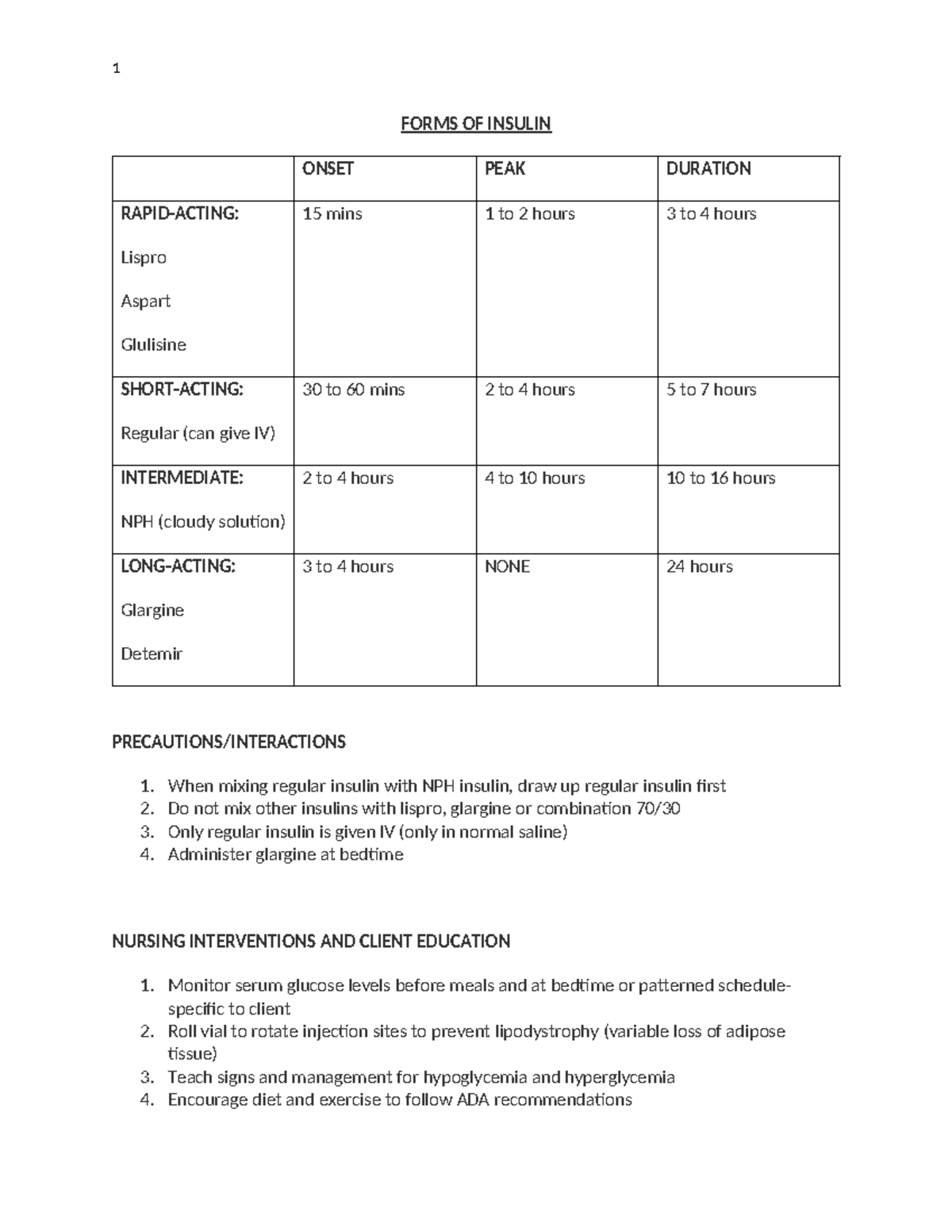 Insulin Review - 1 FORMS OF INSULIN ONSET PEAK DURATION RAPID-ACTING ...