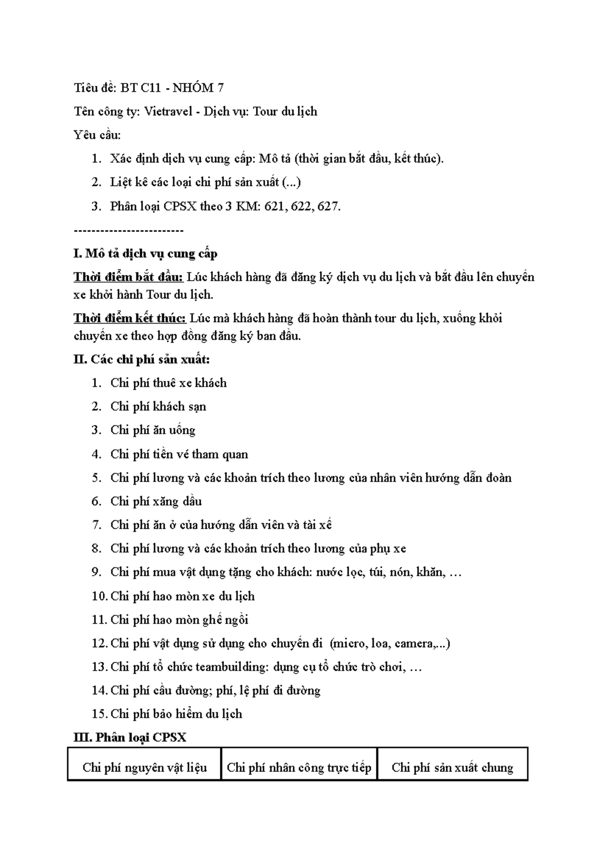BT C11 - NHOM 7 - bài tập nhóm cô Phương Thanh - Tiêu đề: BT C11 - NHÓM 7 Tên công ty: Vietravel ...