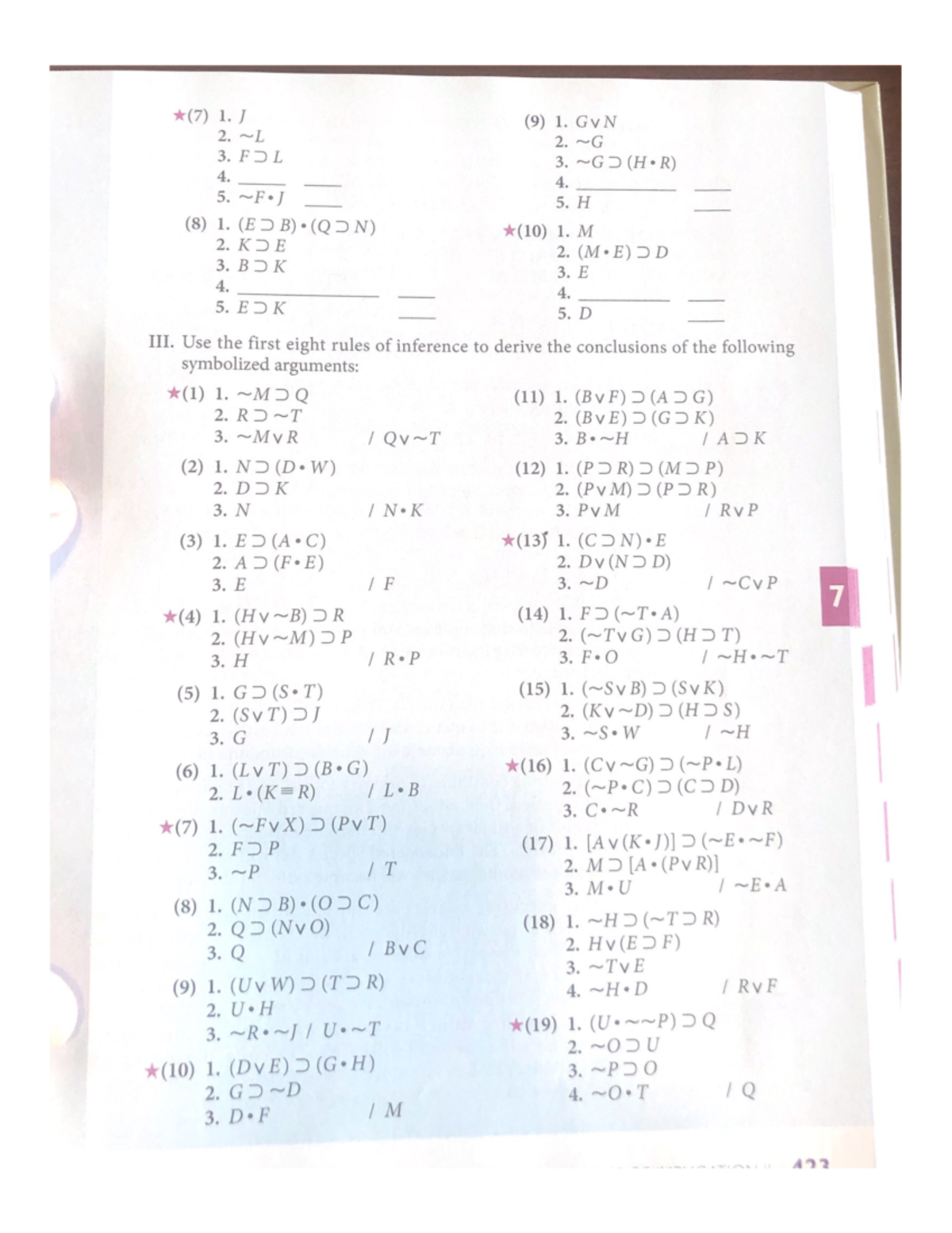 III. Use the first eight rules of inference to derive the conclusions ...