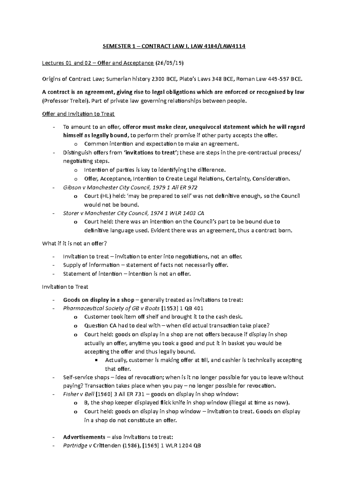 Contract Law - Lectures 1 & 2: Offer and Acceptance - SEMESTER 1 – CONTRACT LAW I, LAW 4104/LAW ...