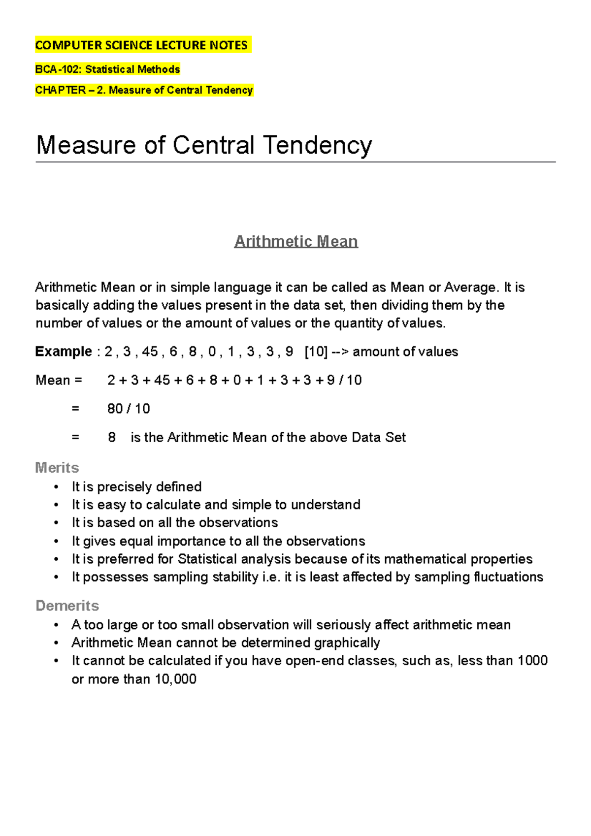 Ch 2 Measure Of Central Tendency Computer Science Lecture Notes Bca 102 Statistical Methods