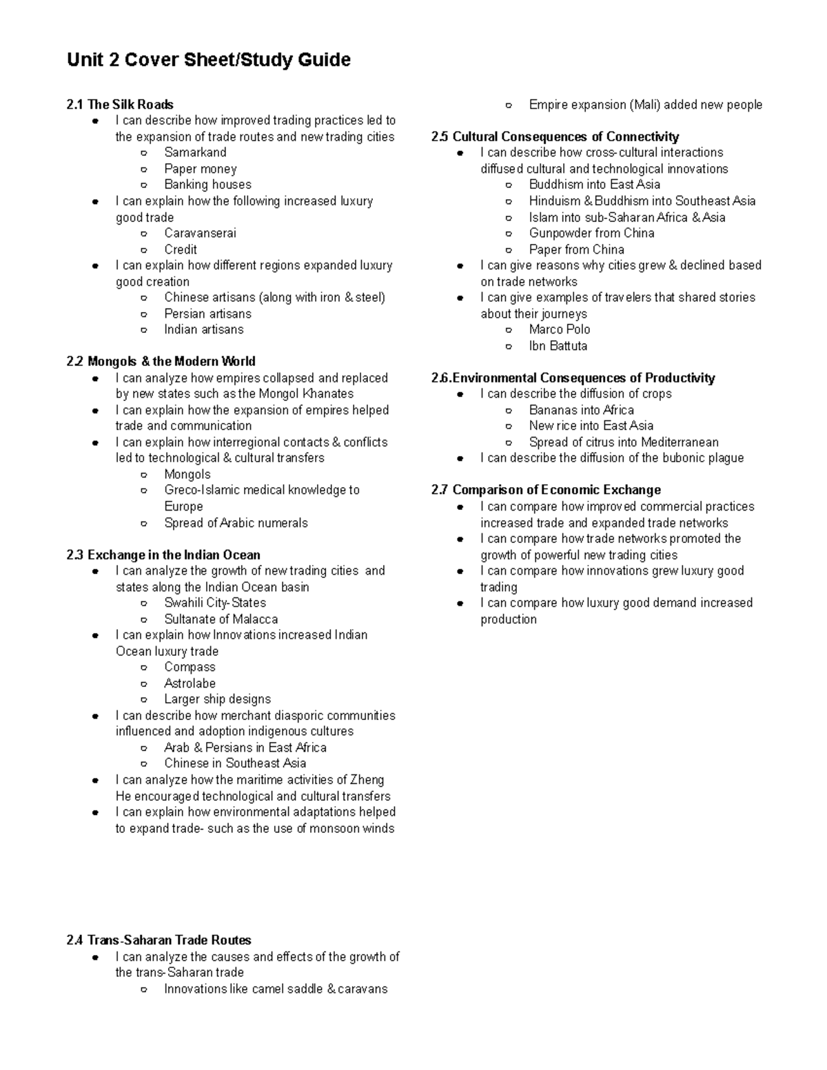 Unit 2 Cover Sheet Study Guide - 6 Consequences of Productivity I can ...