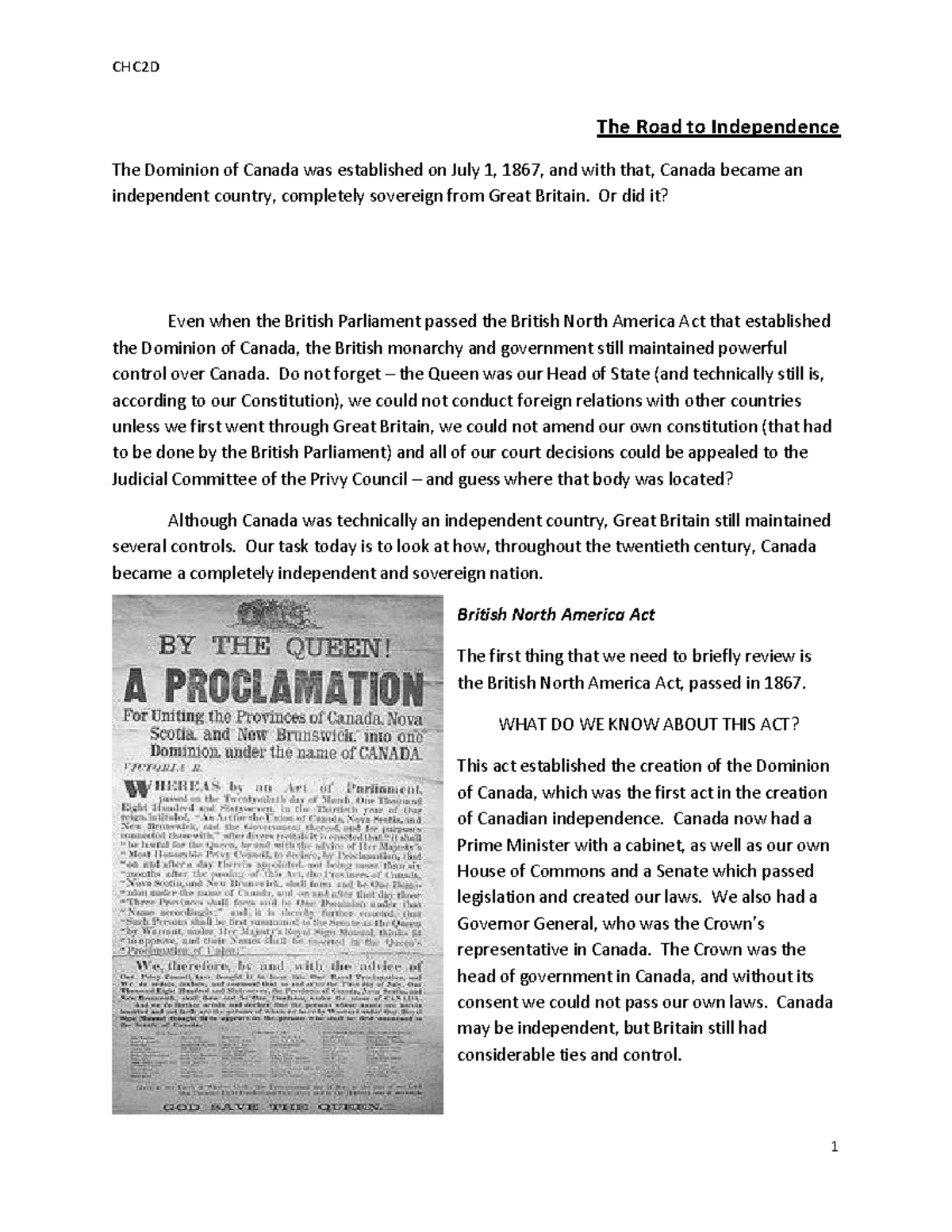 Independence - Comprehensive course notes on Canadian history - The ...