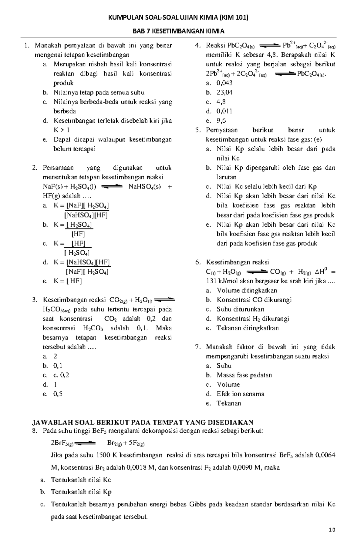 7 - Chemical Equilibrium - KUMPULAN SOAL-SOAL UJIAN KIMIA (KIM 101) BAB ...