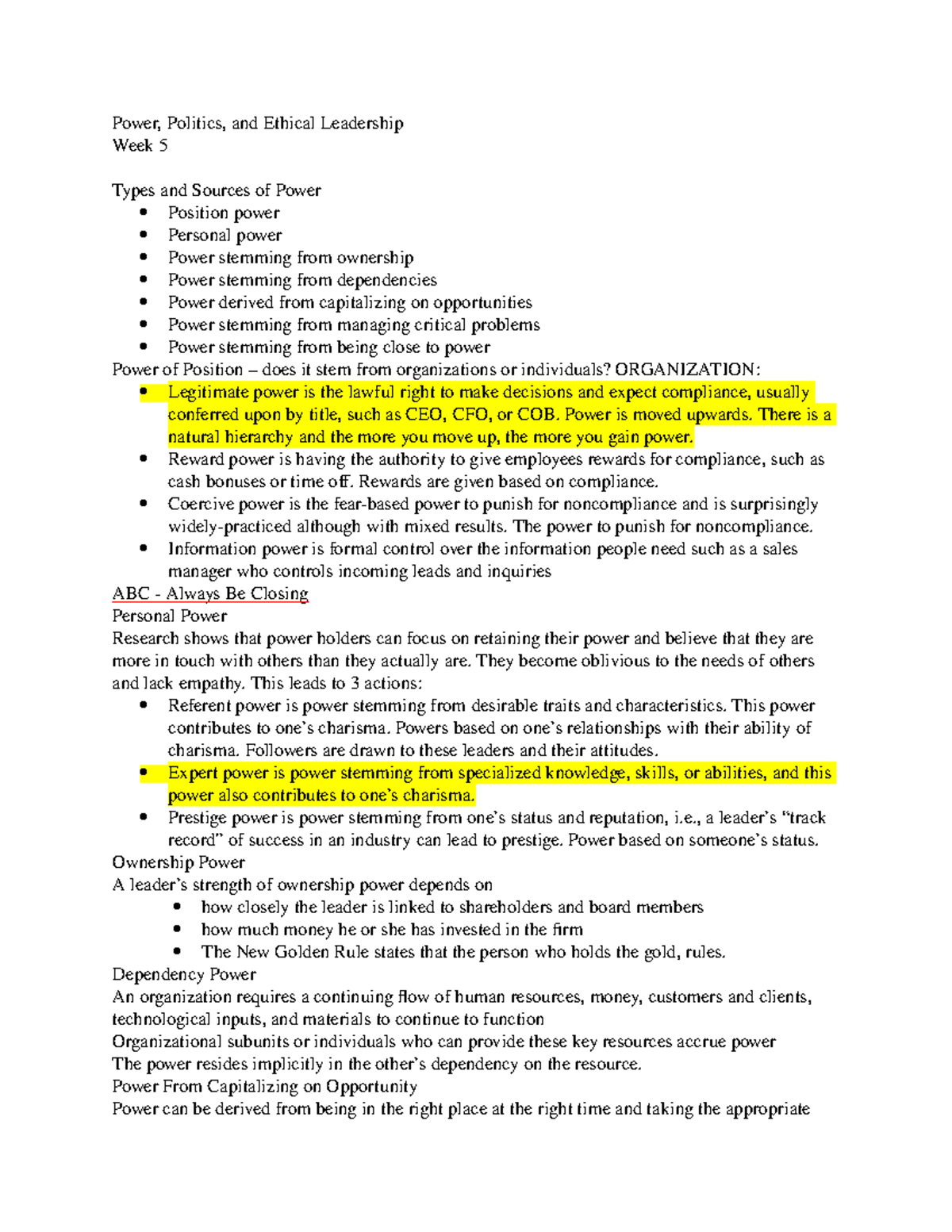 Lecture 5 notes - Power, Politics, and Ethical Leadership Week 5 Types ...