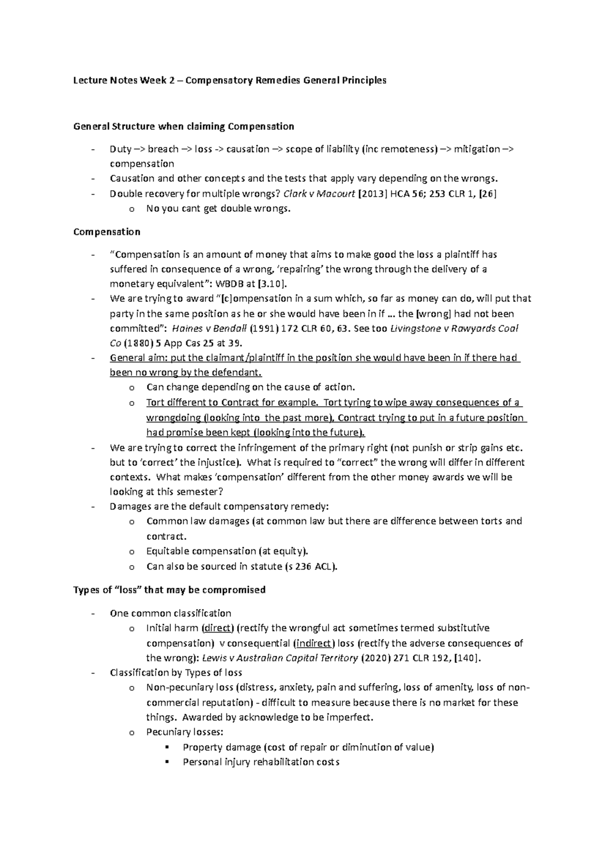 Lecture Notes Week 2 - Compensatory Remedies General Principles ...