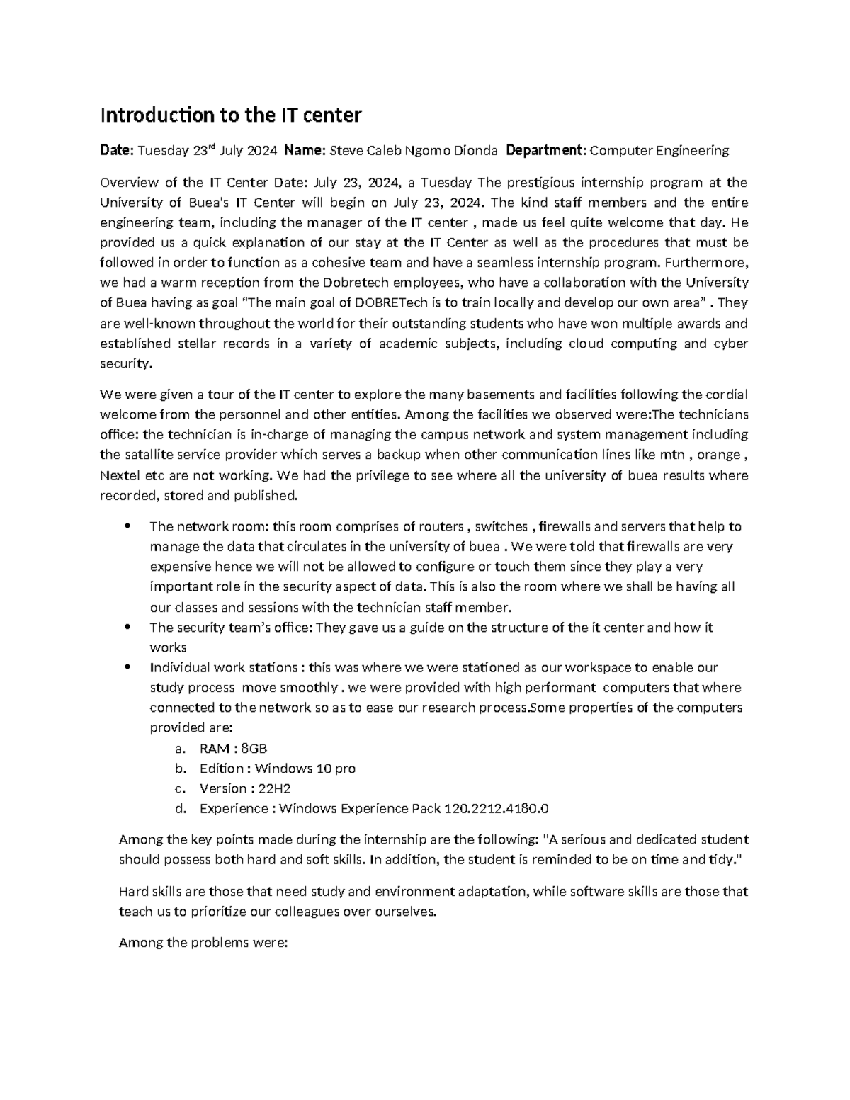 Internship Report - Introduction to the IT center Date: Tuesday 23rd ...