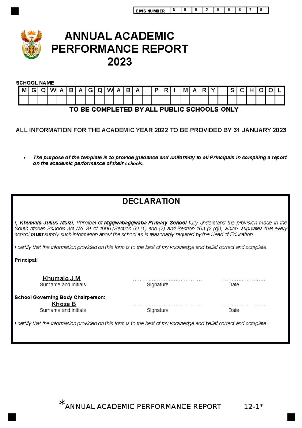 Annual Academic Reporting Template 2 - SCHOOL NAME M G Q W A B A G Q W ...