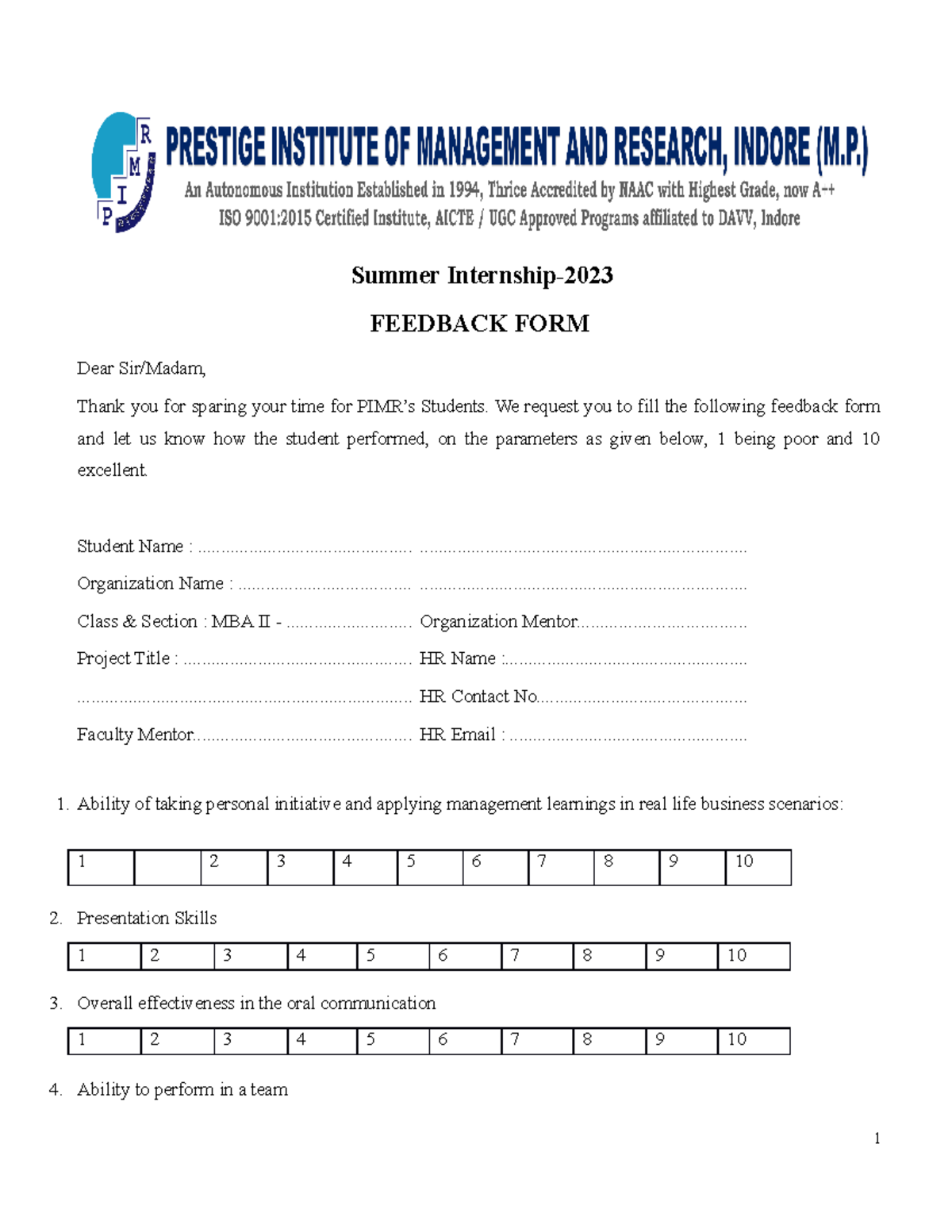 SIP Formats - Summer Internship- FEEDBACK FORM Dear Sir/Madam, Thank ...