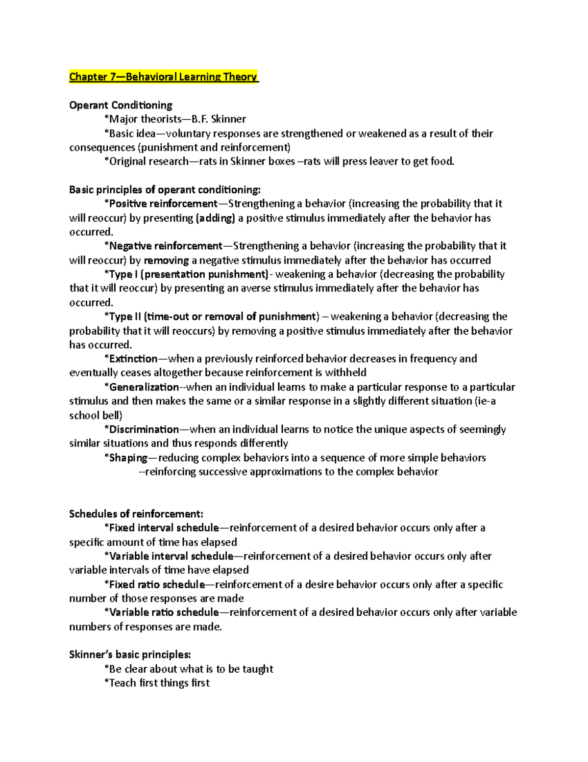 My Notes Chapter 7 - Chapter 7—Behavioral Learning Theory Operant ...