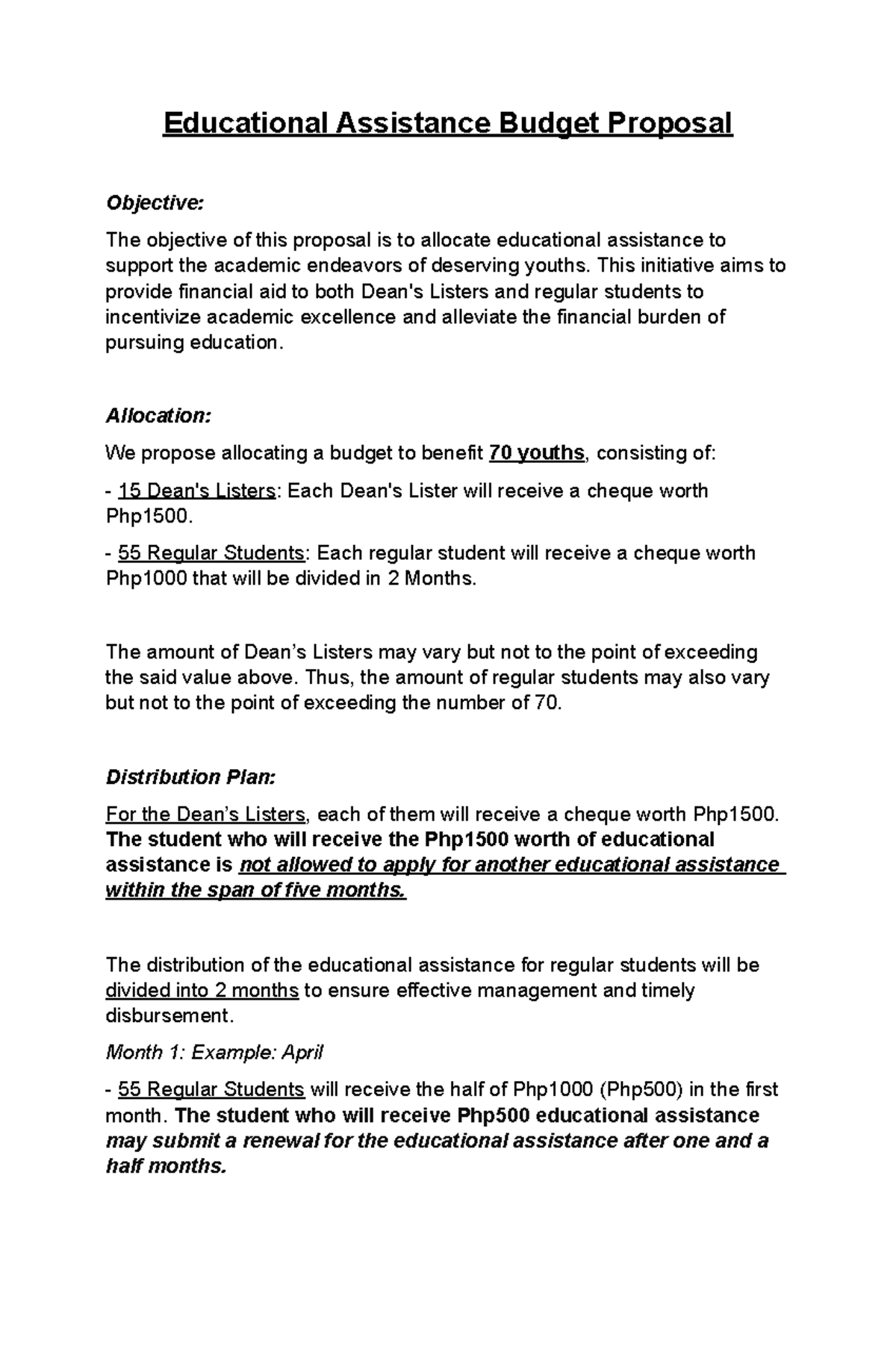 Educational Assistance Budget Proposal - Educational Assistance Budget ...