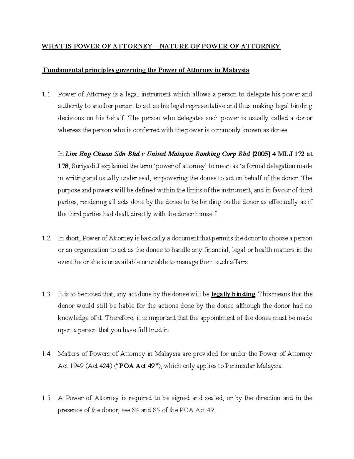Nature of POA - In Lim Eng Chuan Sdn Bhd v United Malayan Banking Corp ...