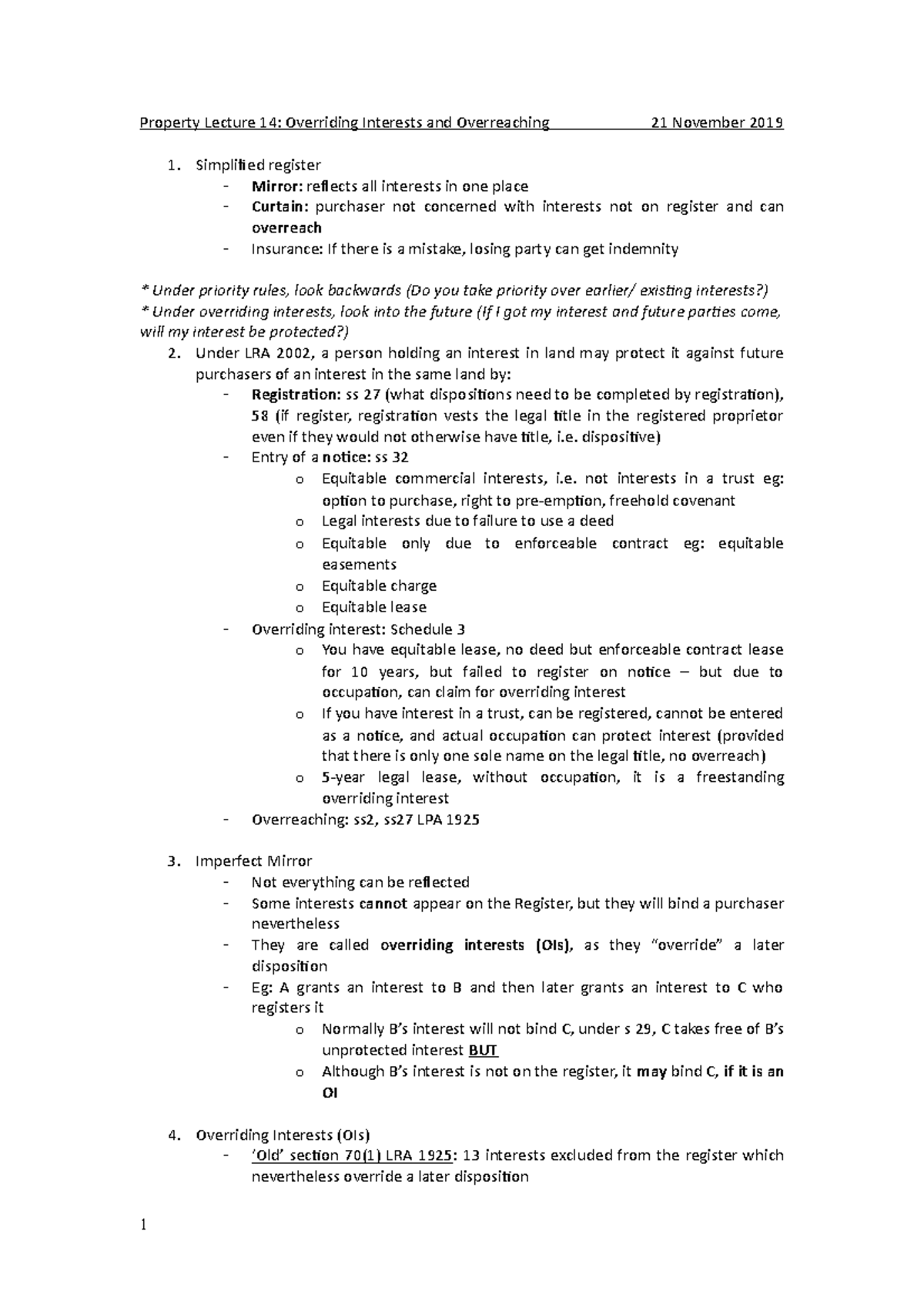 Property Lecture 14 - Overriding Interests and Overreaching - Under LRA ...