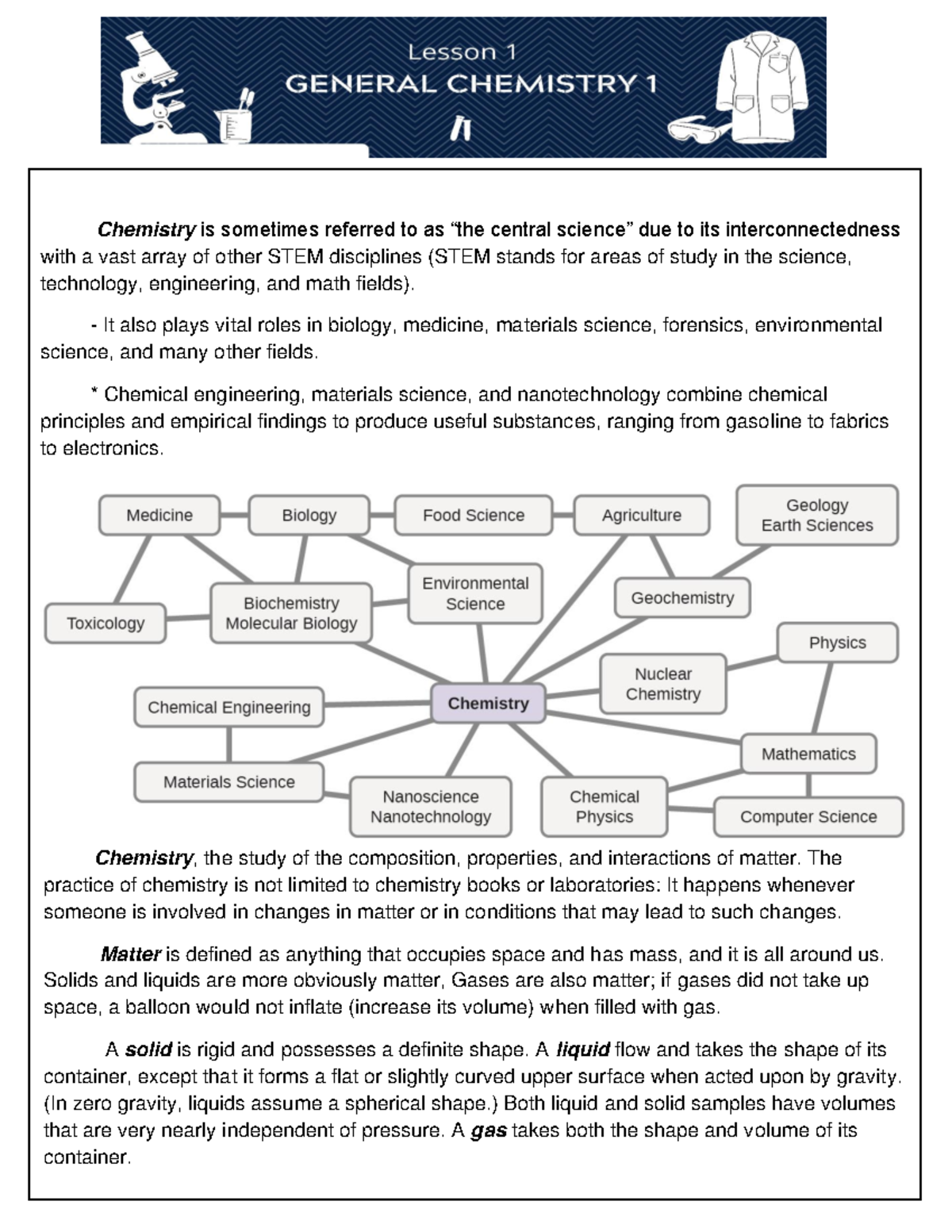 Lesson 1 Chem - Chemistry is sometimes referred to as