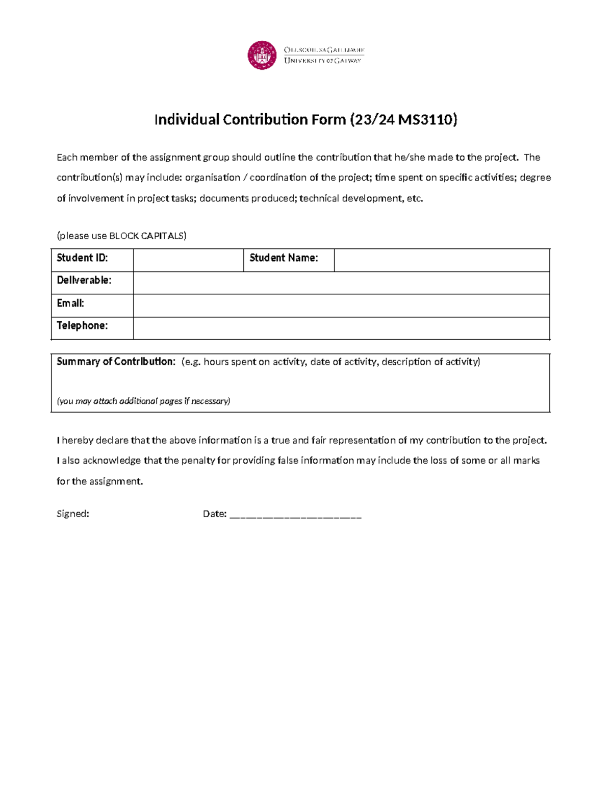 MS3110 Individual Contribution & Peer Evaluation Form - Tagged ...