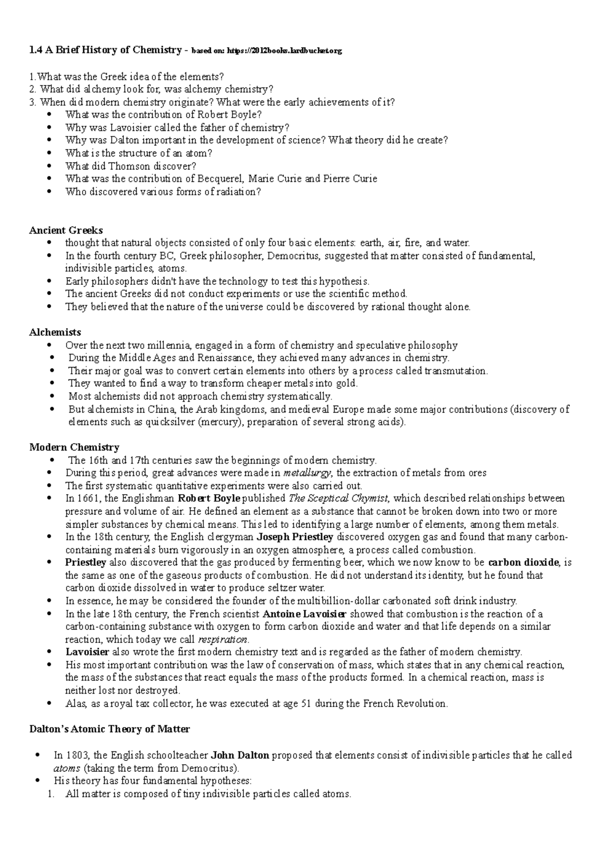 Brief History of Chemistry exer - lardbucket 1 was the Greek idea of ...