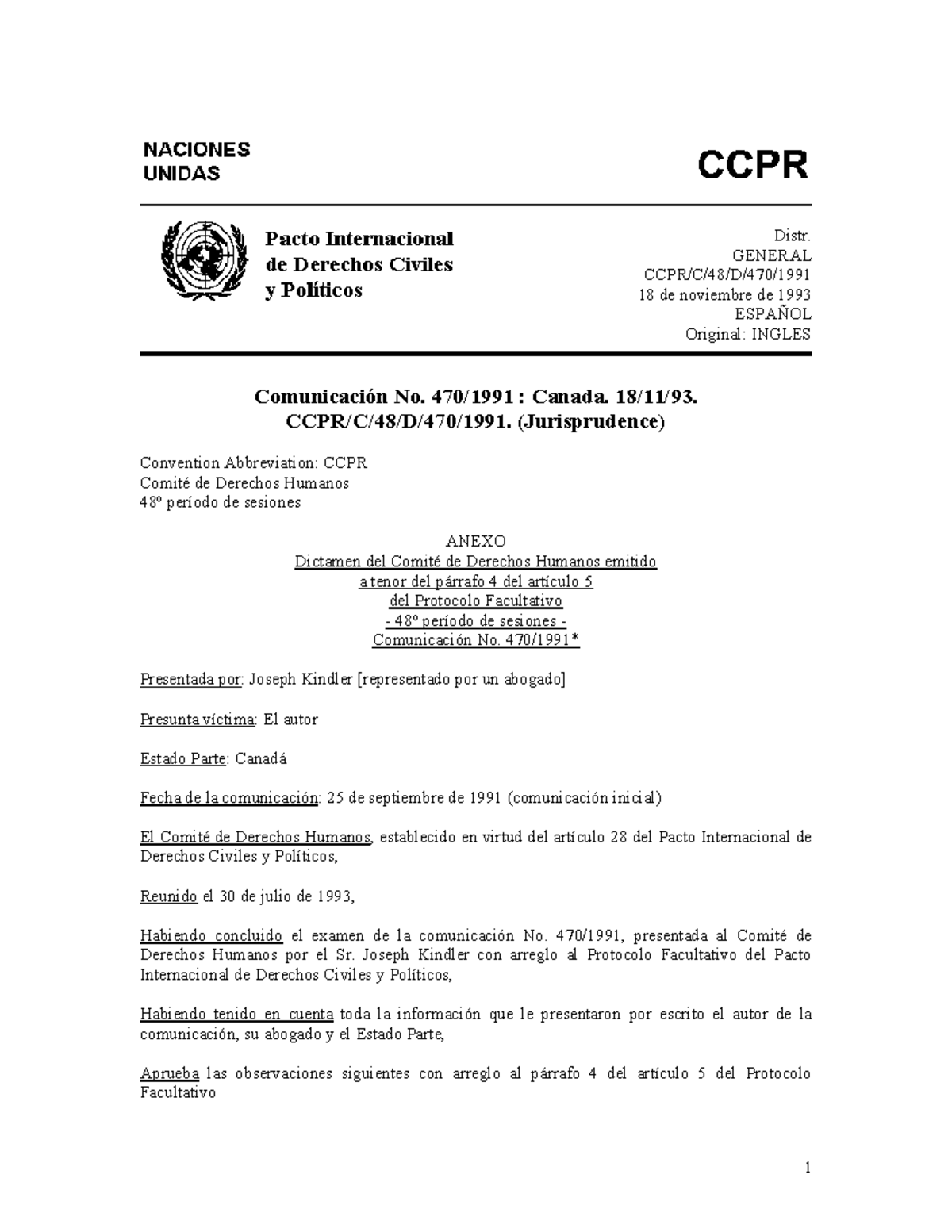 Joseph Kindler v Canada - Distr. GENERAL CCPR/C/48/D/470/ 18 de ...