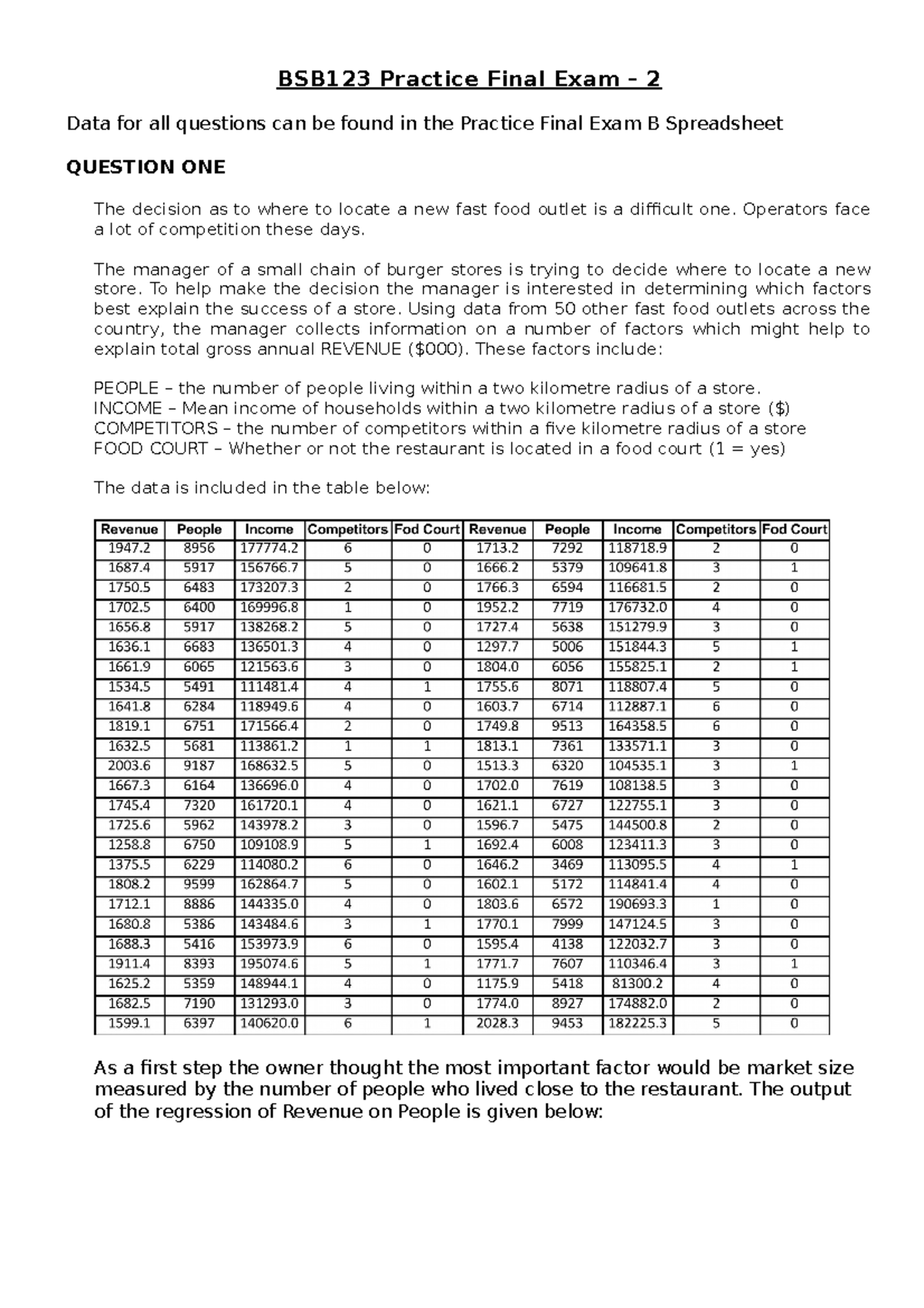 Practice Final Exam 2 Solutions Bsb123 Practice Final Exam 2 Data For All Questions Can Be