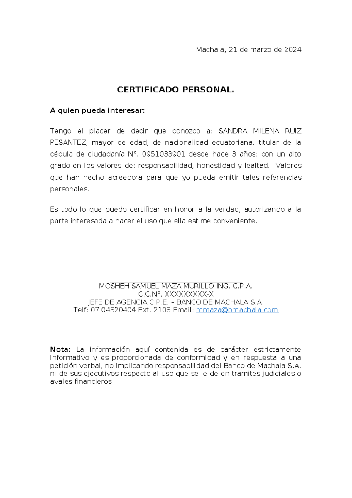 Referencia personal - prueba - Machala, 21 de marzo de 2024 CERTIFICADO ...