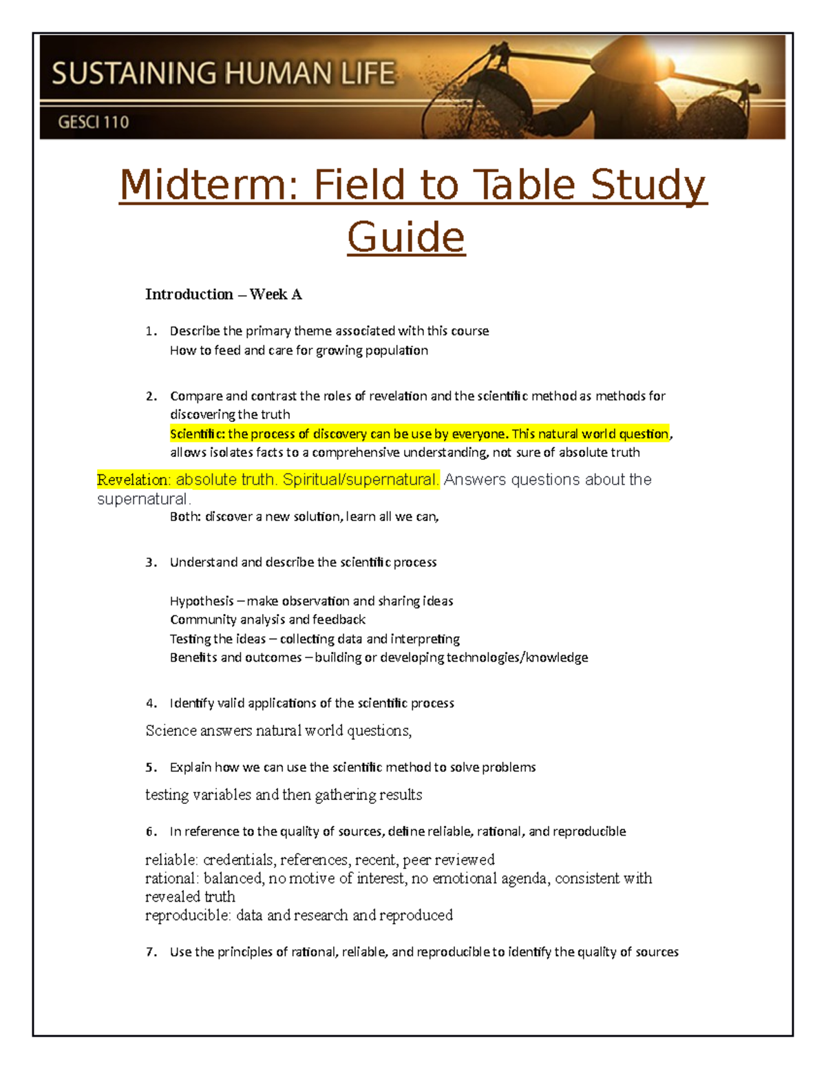 Field to table Midterm Exam Study Guide - Midterm: Field to Table Study Guide Introduction ...