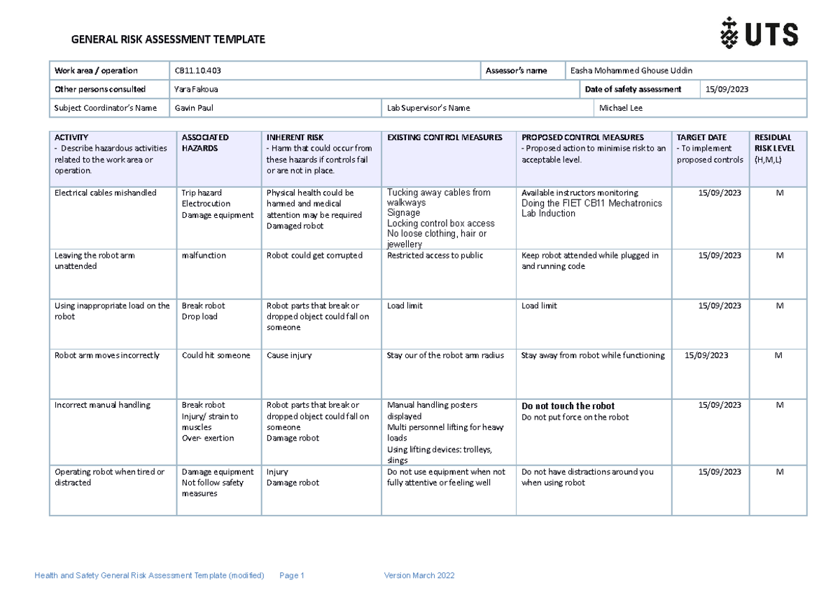 General RA Template (Industrial Robotics) - GENERAL RISK ASSESSMENT ...