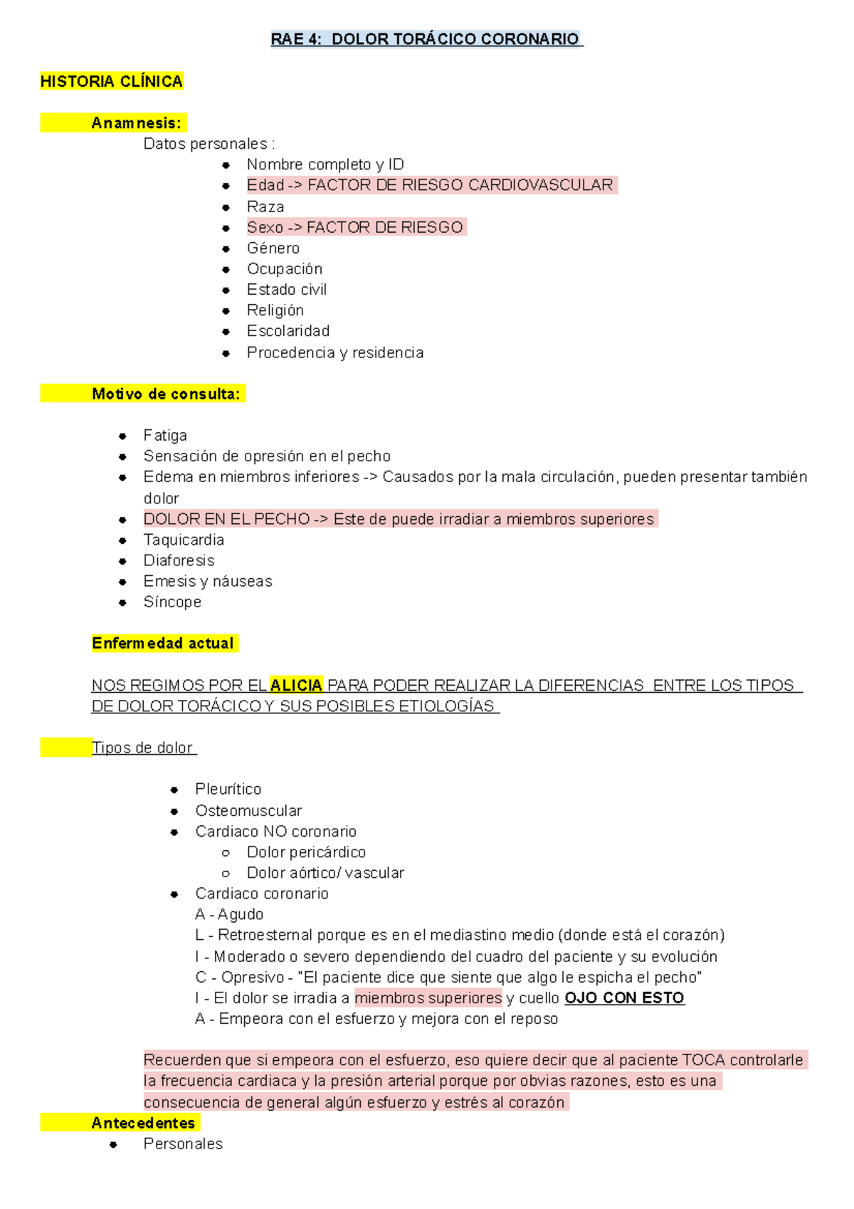 RAE 4 Resumen - RAE 4: DOLOR TORÁCICO CORONARIO HISTORIA CLÍNICA ...