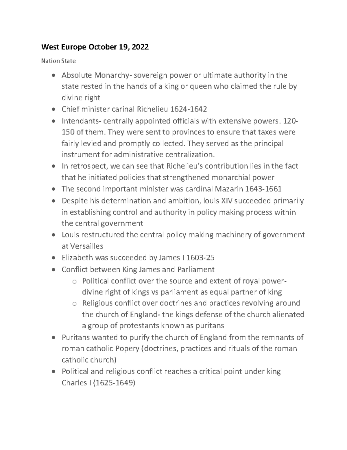 World History I Notes - West Europe October 19, 2022 Nation State ...