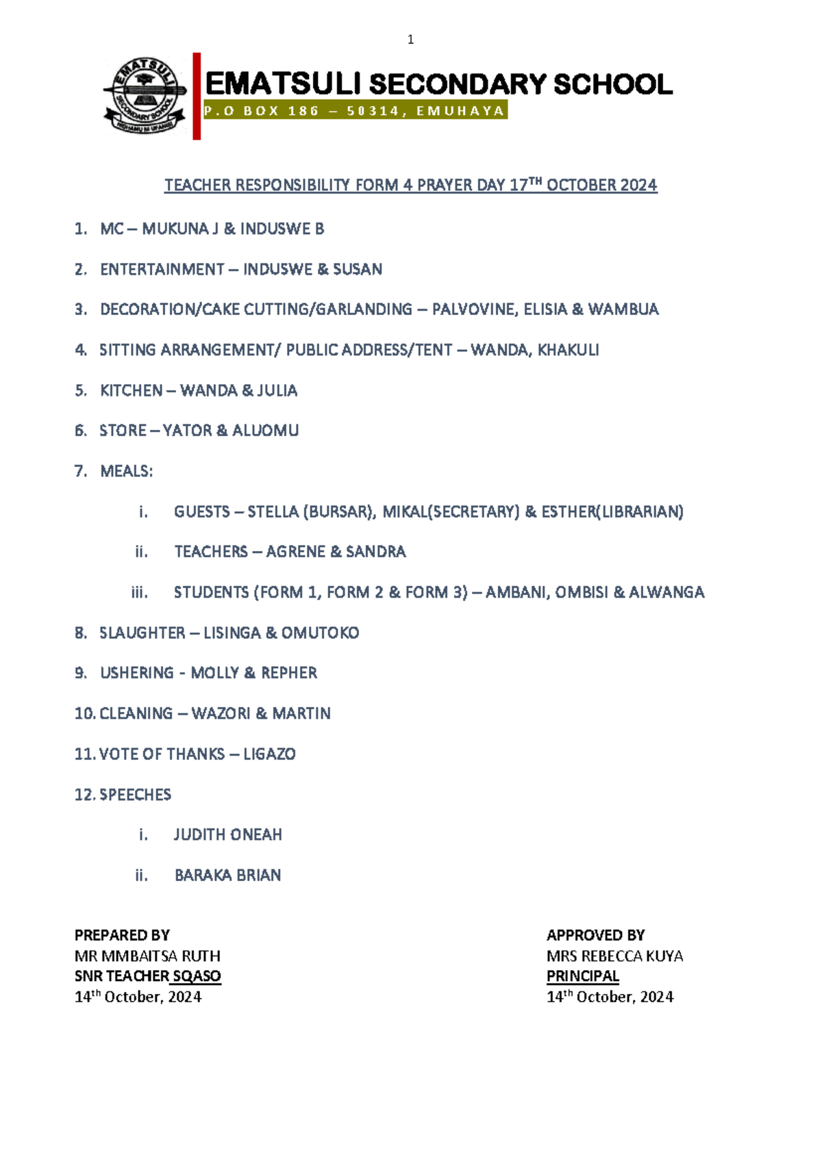 Responsibilities Prayer DAY 2024 RUTH - 1 TEACHER RESPONSIBILITY FORM 4 ...