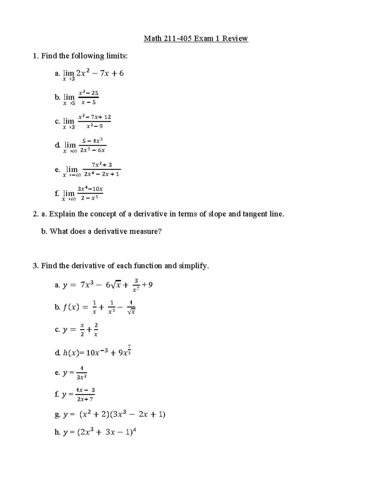 Math 211-405 Exam 1 Review - Math 211- 405 Exam 1 Review 1. Find the ...