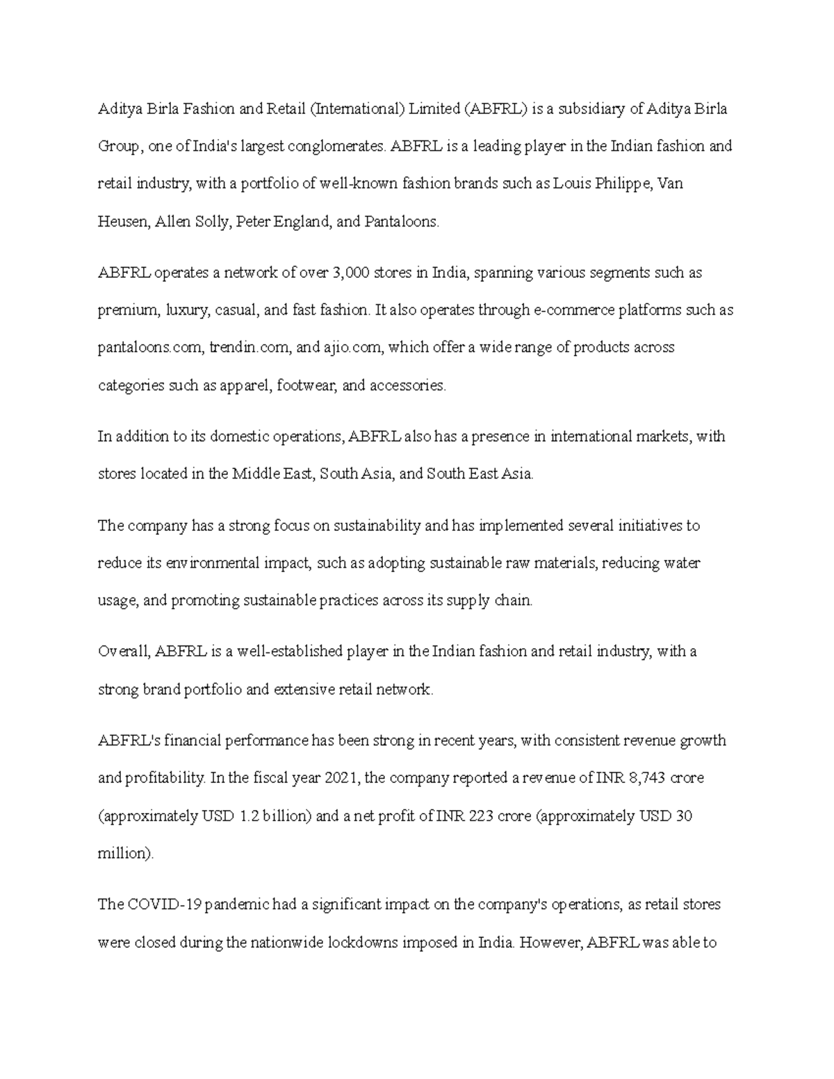 1 - Aditya Birla - Aditya Birla Fashion and Retail (International ...