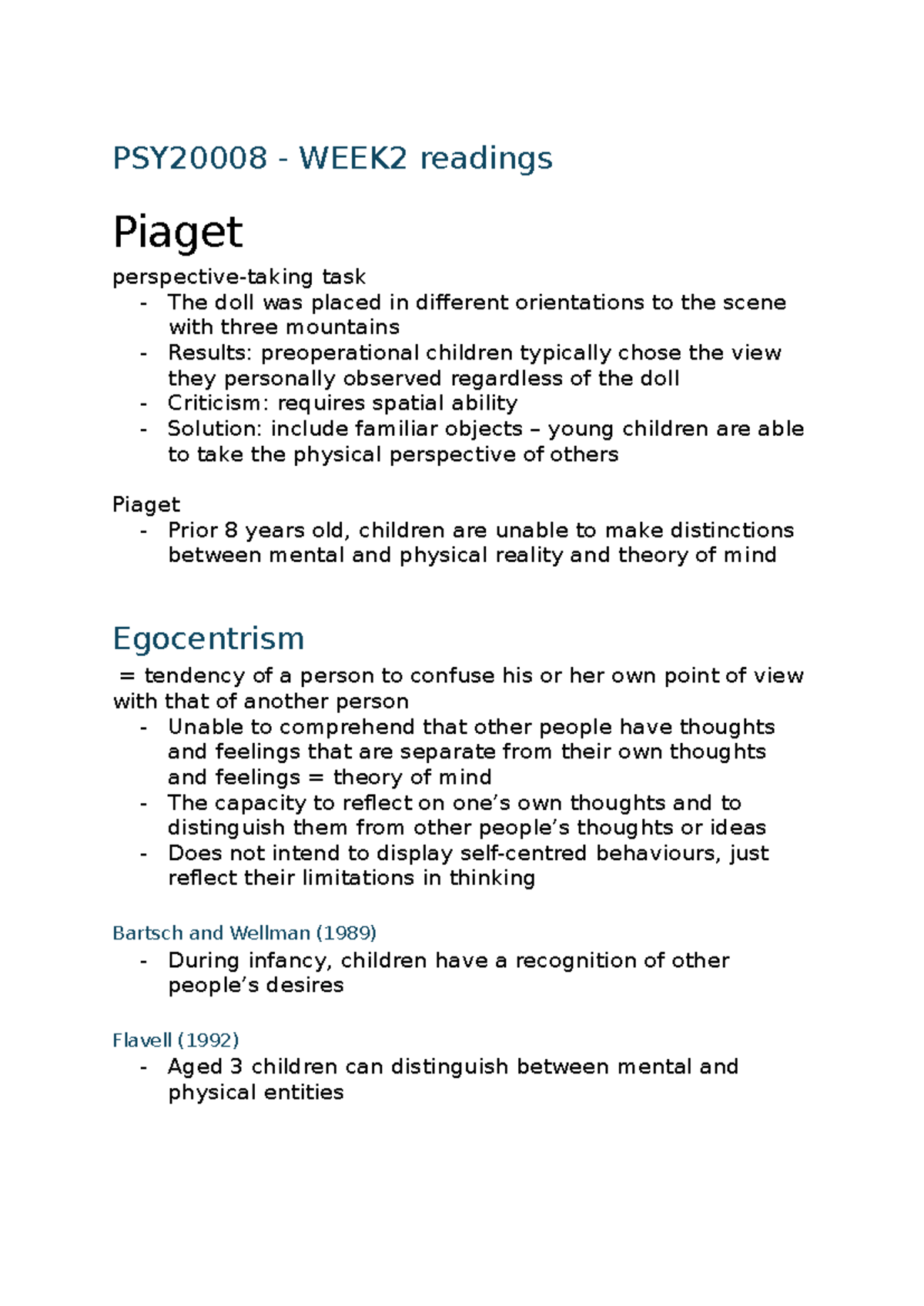PSY2000 8 WEEK2 readings - PSY20008 - WEEK2 readings Piaget perspective ...