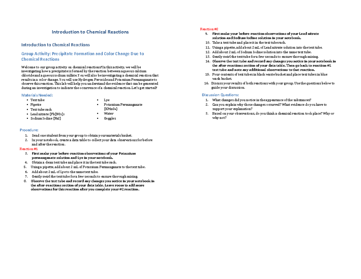 Chemical Reaction Color change and Precipitate Lab 1 - Introduction to ...