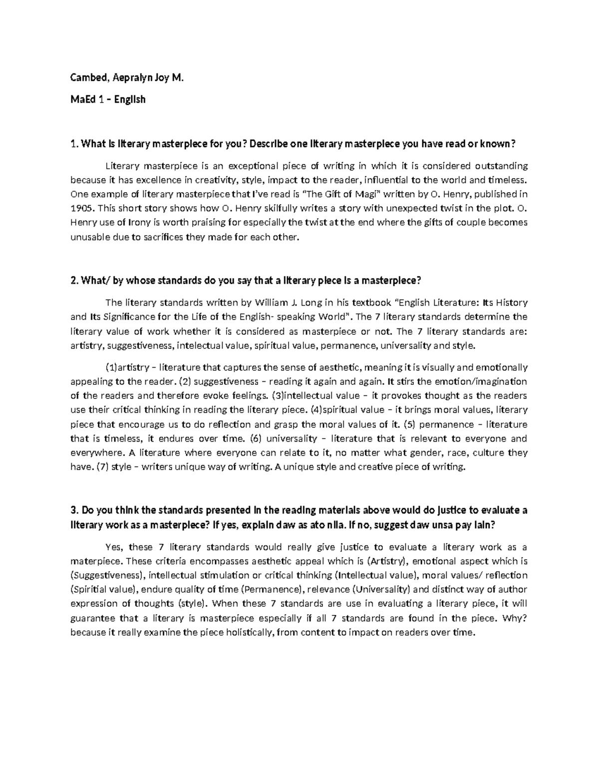 literary masterpiece - Cambed, Aepralyn Joy M. MaEd 1 – English What is ...