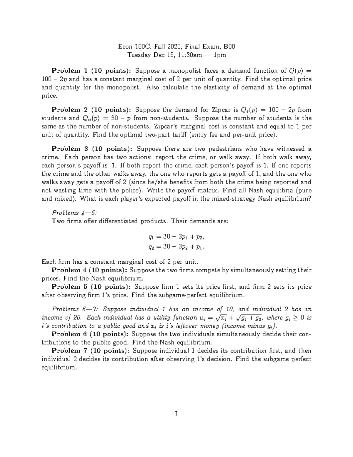 Final Fall2020 B00 - Econ 100C, Fall 2020, Final Exam, B Tuesday Dec 15 ...