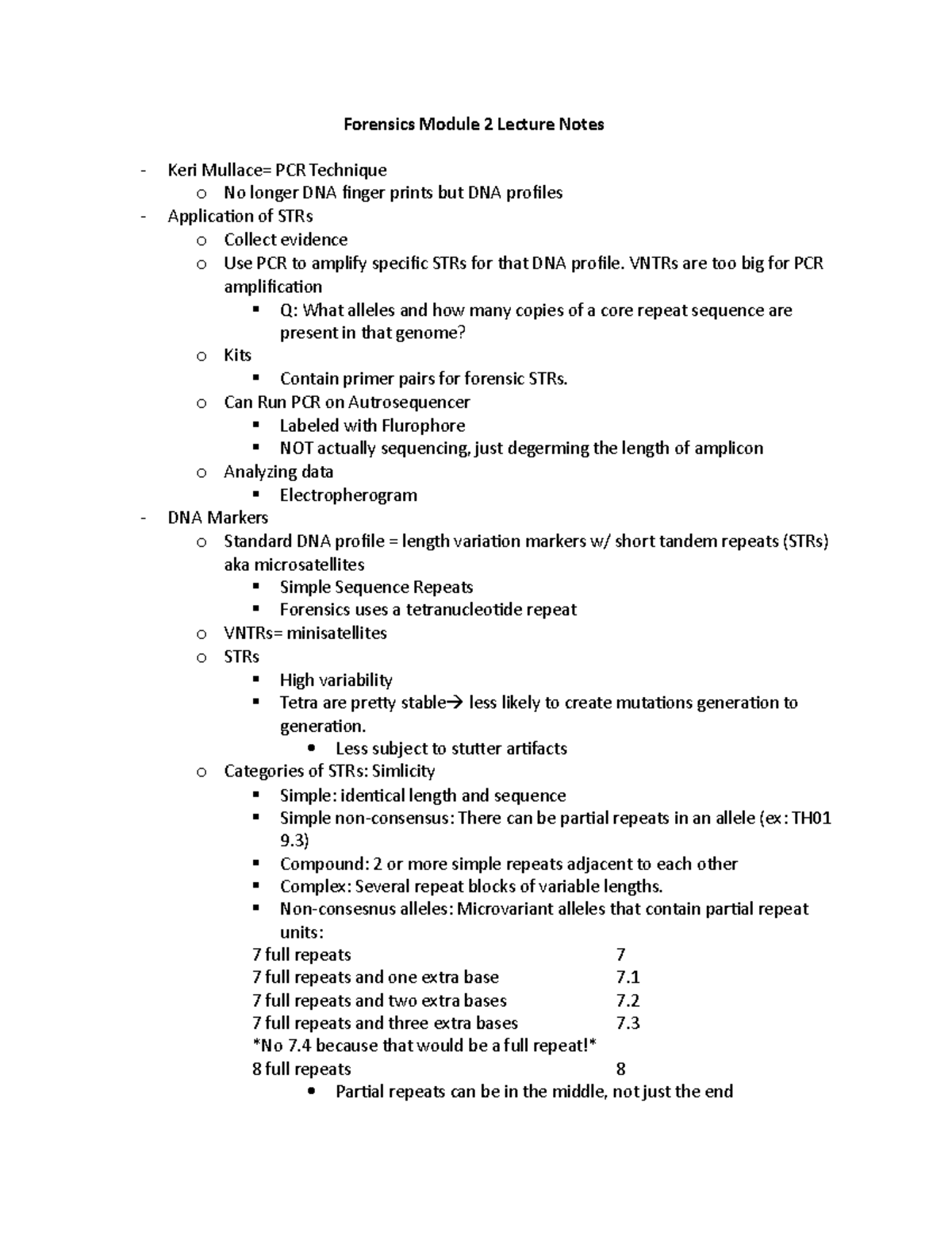 MCB 4416 DNA Analysis of Forensic Science: Module 2 Lecture Notes ...