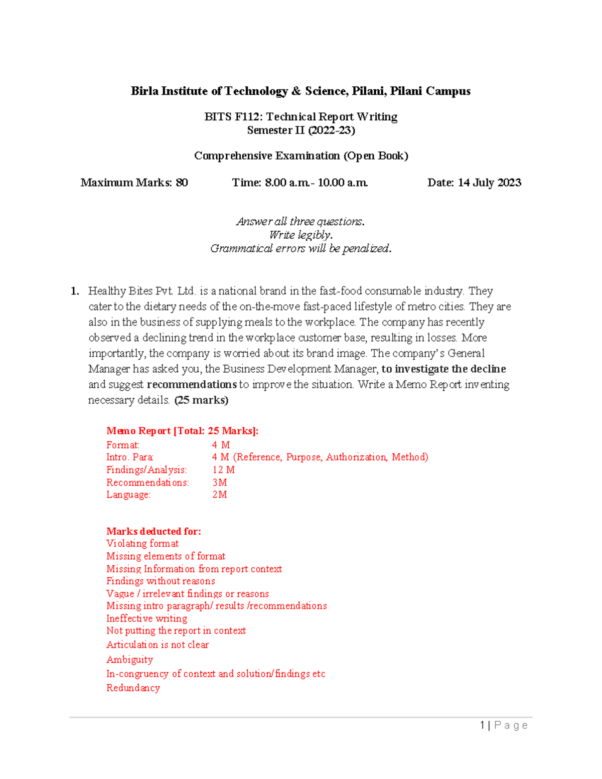 BITS F112 - Comprehensive Exam QP - Sem II (2022-23) with answer key ...