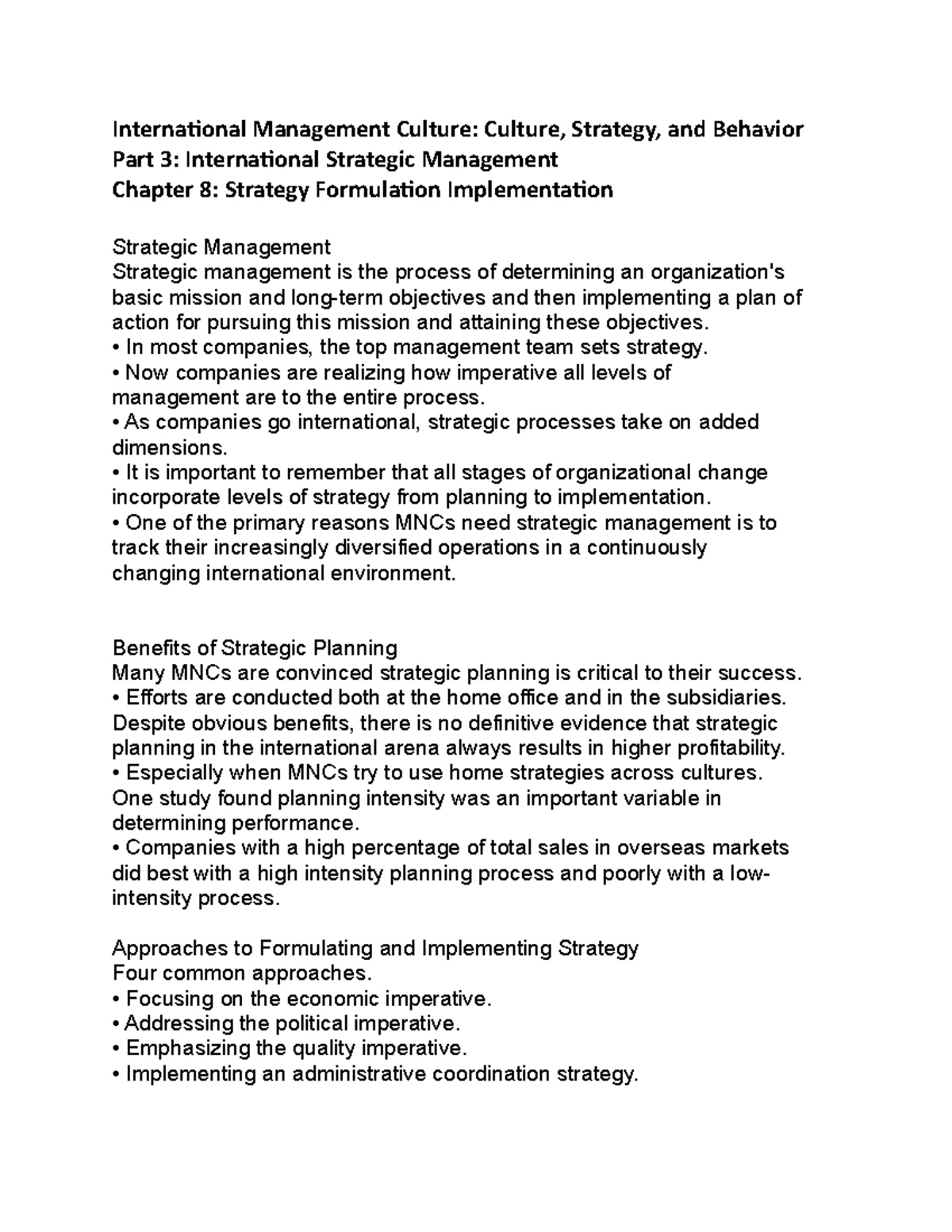 Chapter 8 Strategy Formulation and Implementation - International ...