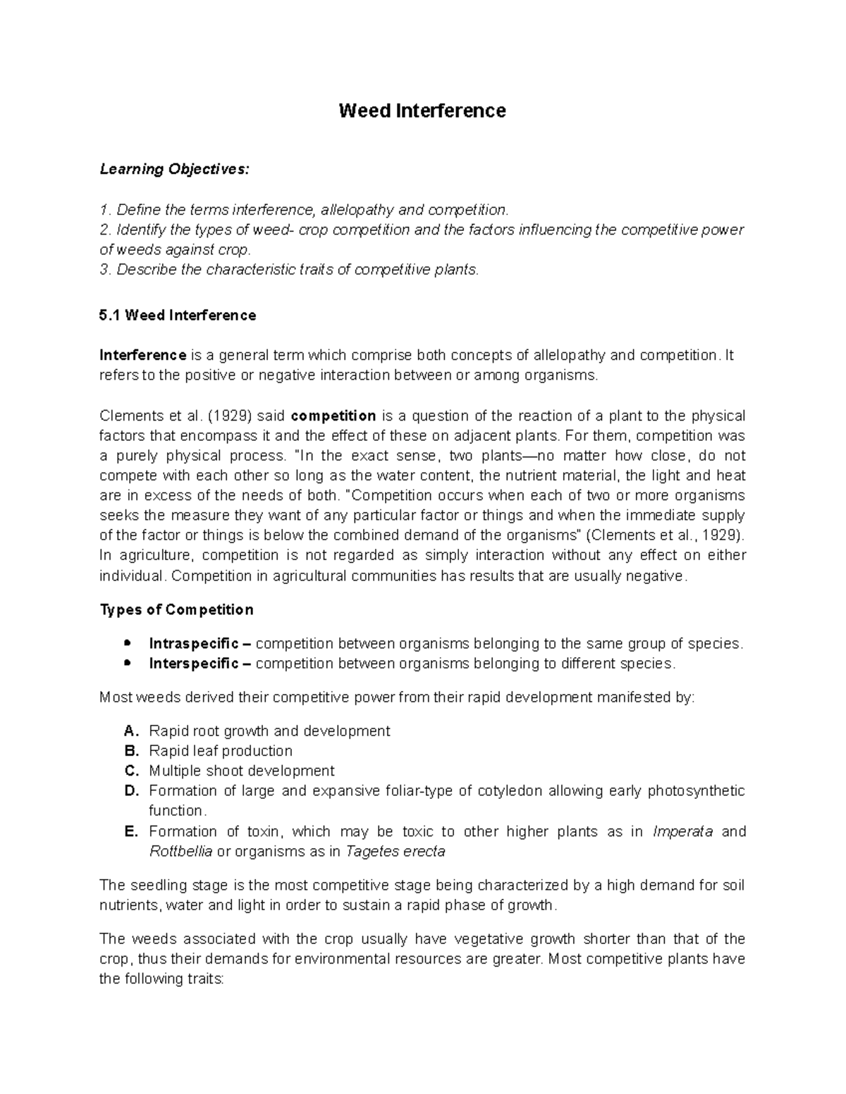 Weed Interference - Weed Interference Learning Objectives: 1. Define ...