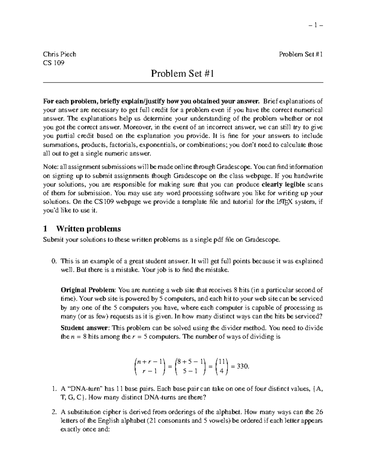 Pset1 - problem set 1 for cs109 Chris Piech - Chris Piech CS 109 ...