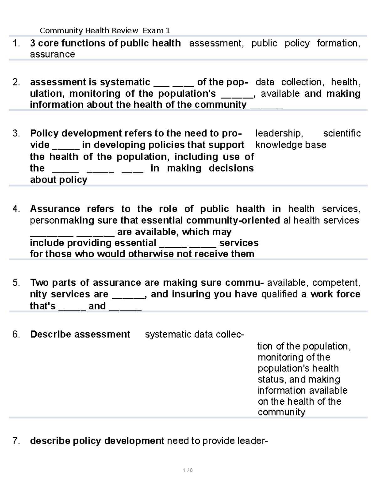Community Health Exam 1 review - 1. 3 core functions of public health ...