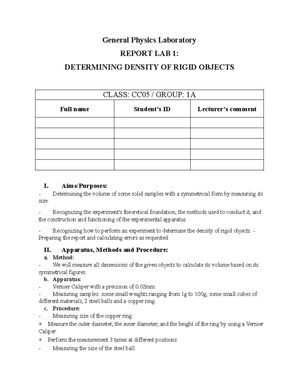 Report Lab 1 General Physics Lab PH1007 - General Physics Laboratory ...