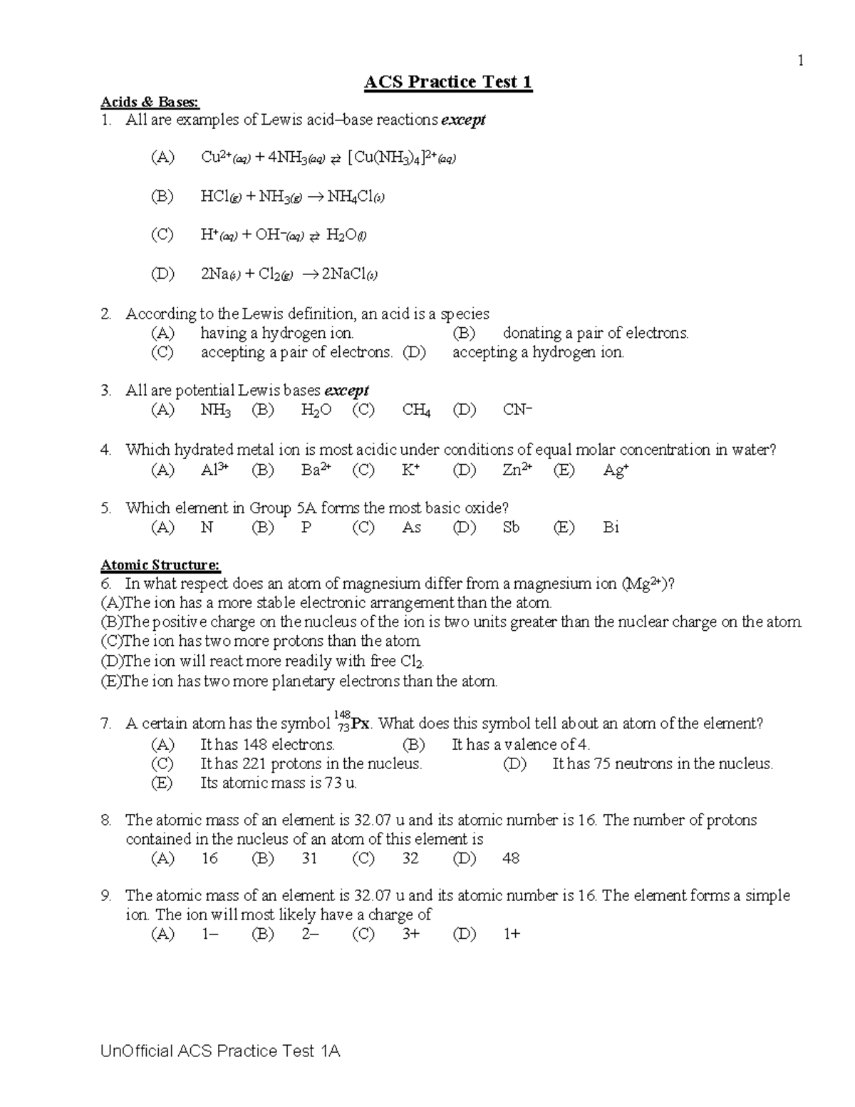 Un Official ACSPractice Test 01A - ACS Practice Test 1 Acids & Bases ...